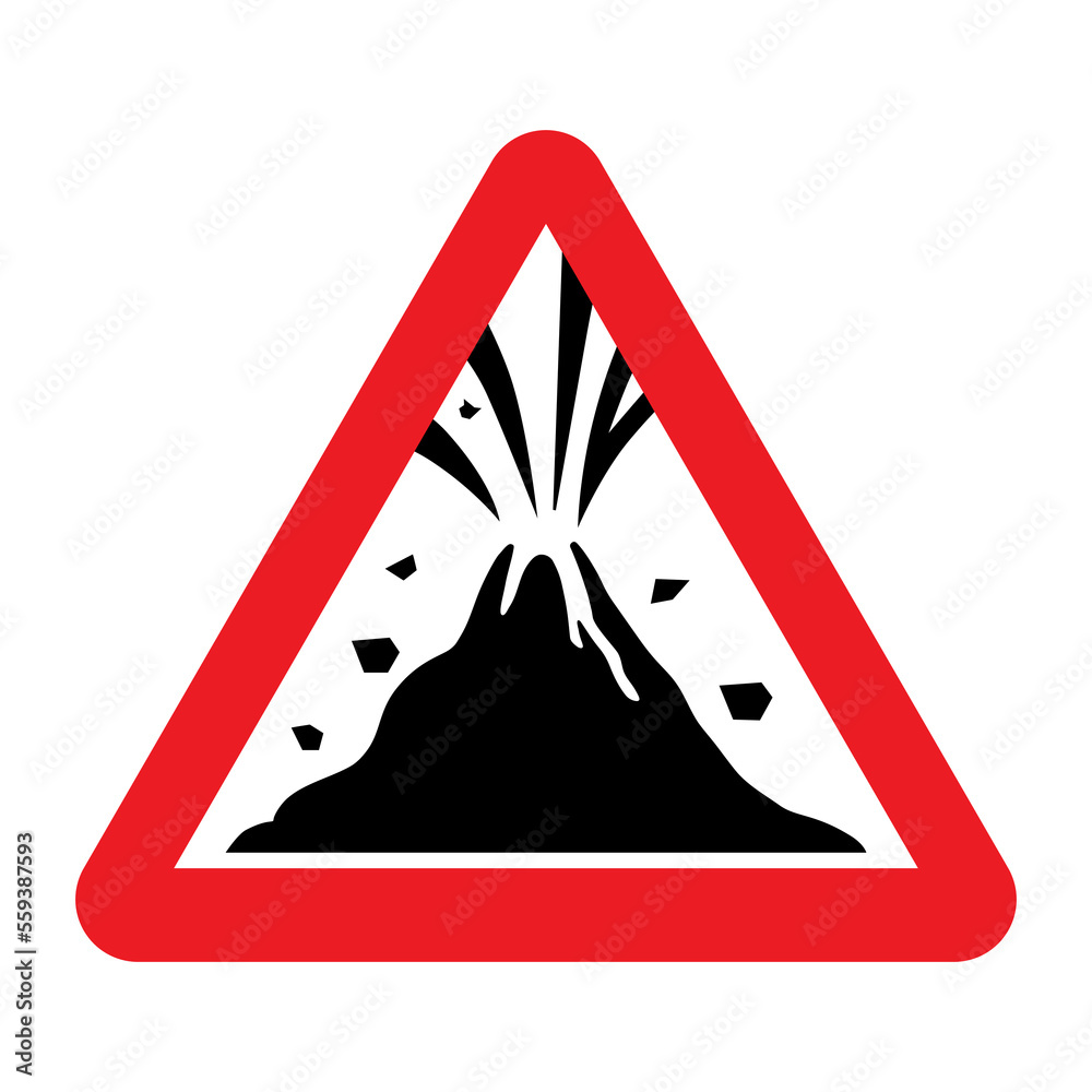 Active volcano zone warning sign. Vector illustration of red triangle ...