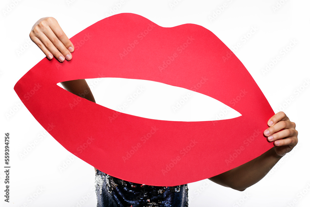 Woman with oversized lips looking like vulva and labia, red lips ...