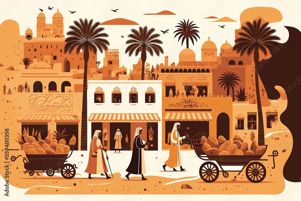 Illustration of a Middle Eastern town in flat form. Arabic desert ...