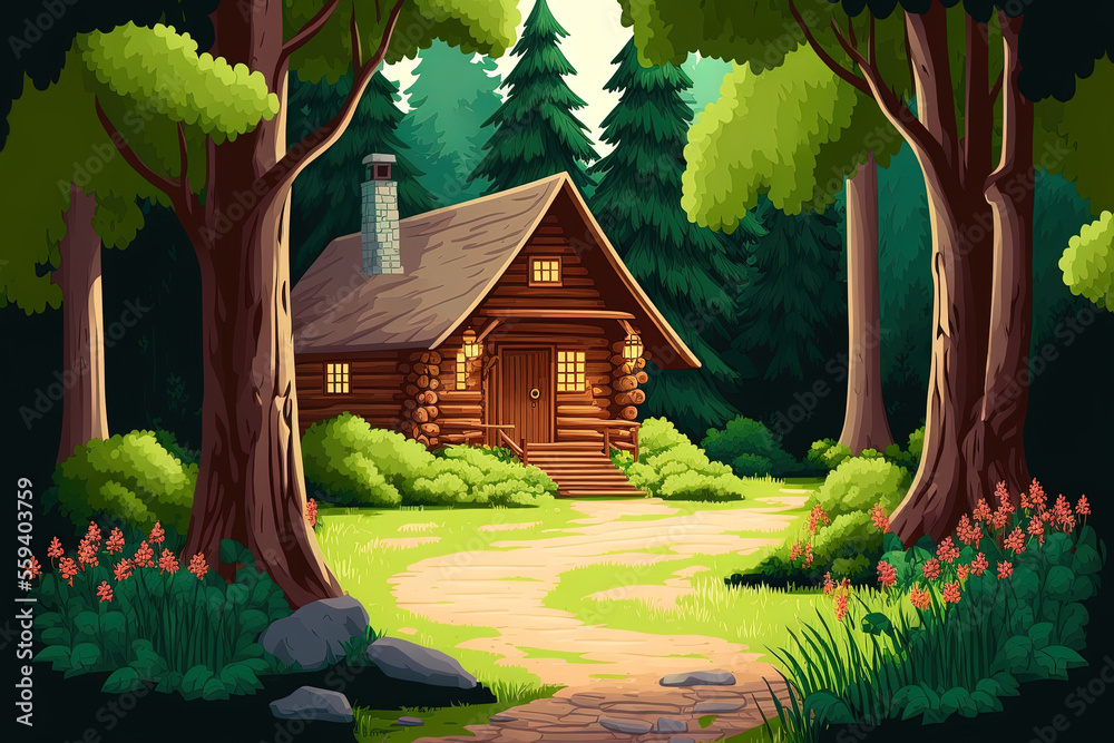 Summer woods scene with forester's cabin, shrubs, and walk on glade in ...