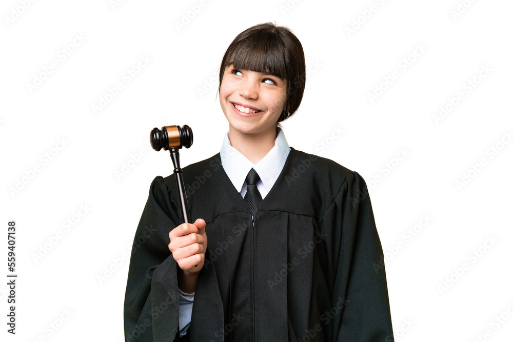 Little girl playing as a Judge over isolated background thinking an ...