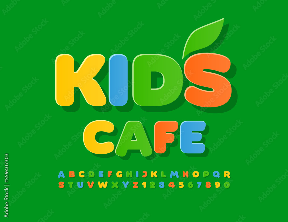 Vector bright poster Kids Cafe. Colorful Sticker Font. Creative Alphabet Letters, Numbers and ...