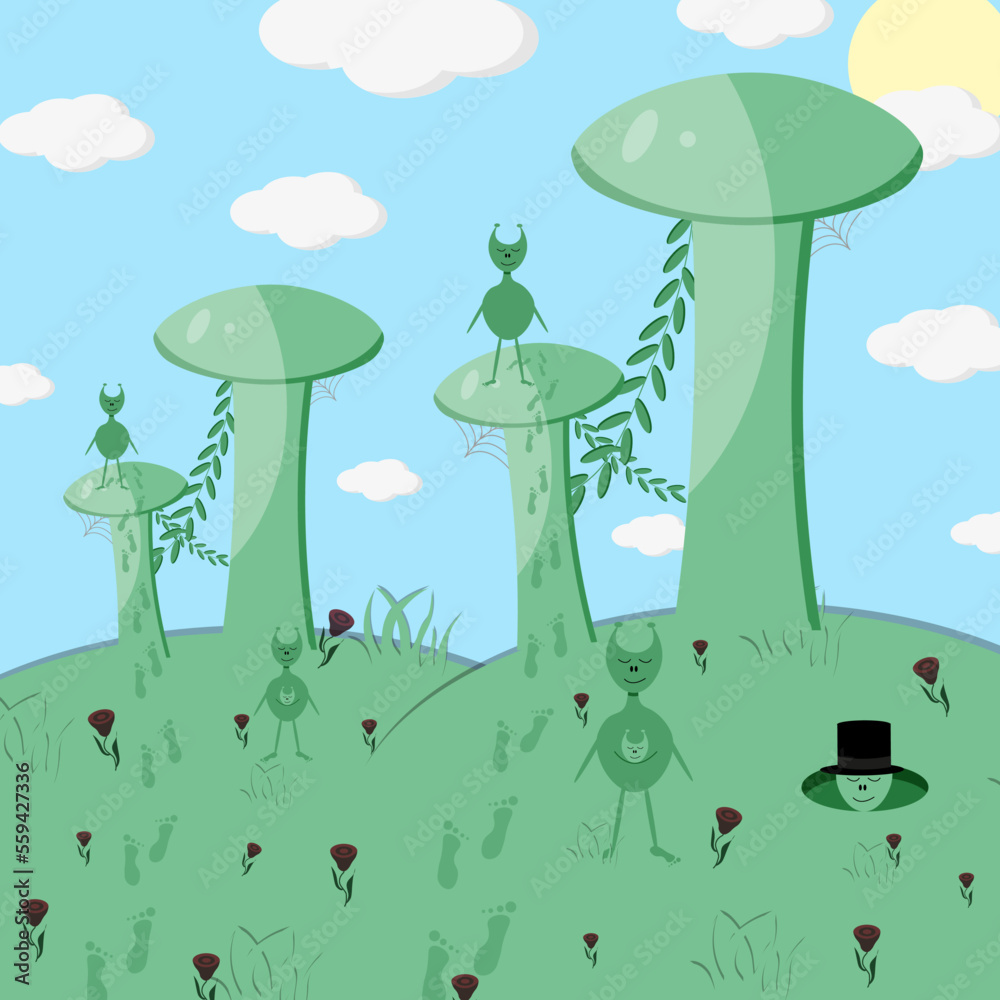 Alien planet earth with little people, flowers, space trees, plants ...