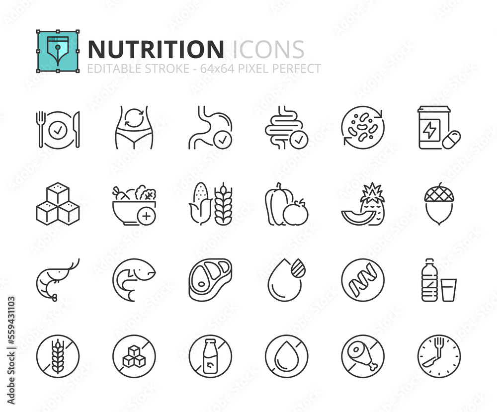 Simple set of outline icons about nutrition, healthy food. Stock Vector ...