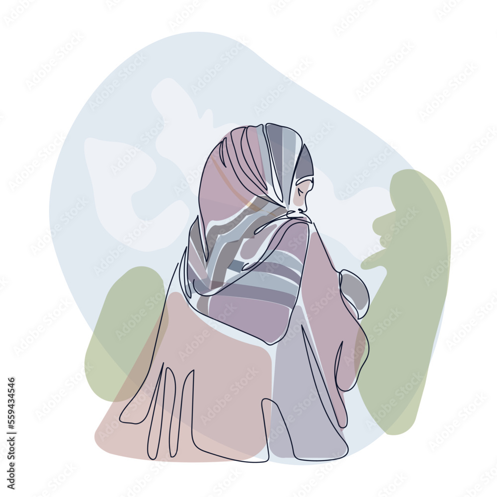 Muslim women with a baby at summer in line drawing style Stock Vector ...