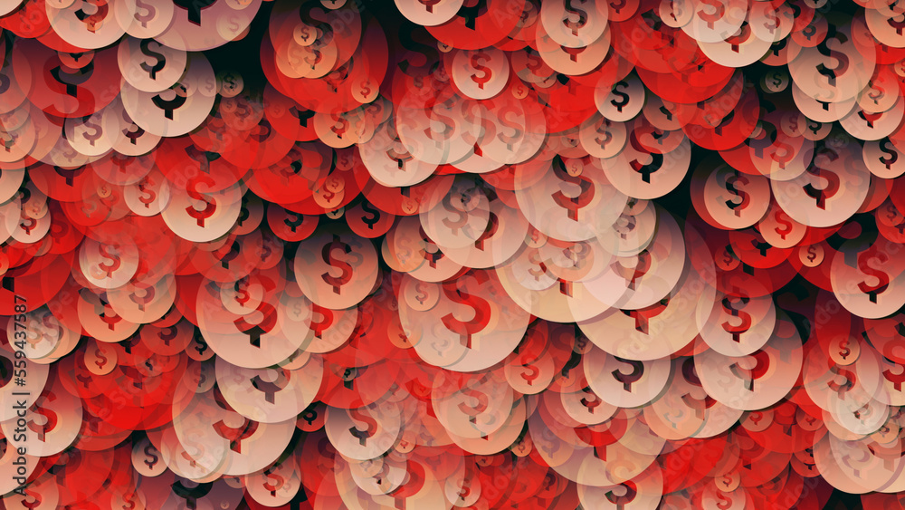 3D rendering of a stream of dollar signs. Signs of different sizes in ...