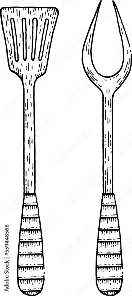 Fork and spatula grill and bbq utensil tools. Barbecue wood sketch ...