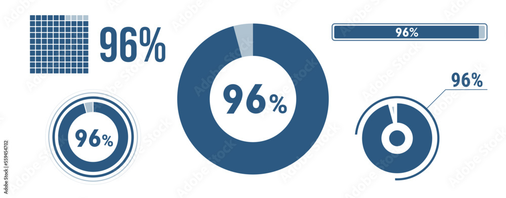 96% percentage infographic set. Ninety-six circle diagram, pie donut ...