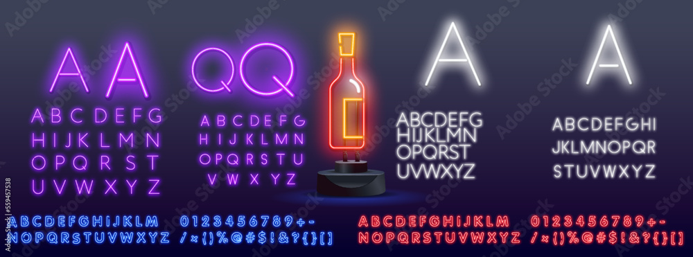 Neon pink font vector illustration. Pink neon light letters. Glowing ...
