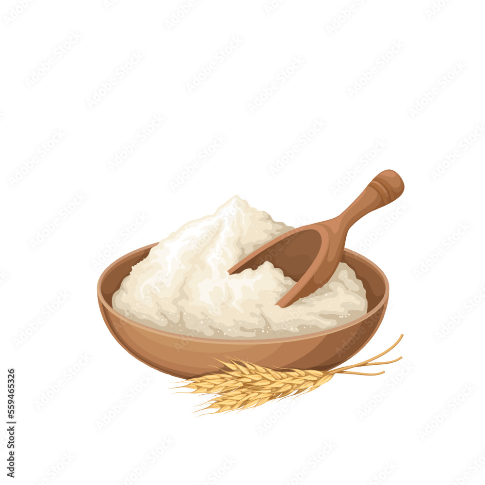 Wheat flour in bowl vector illustration. Cartoon wooden spoon in plate ...