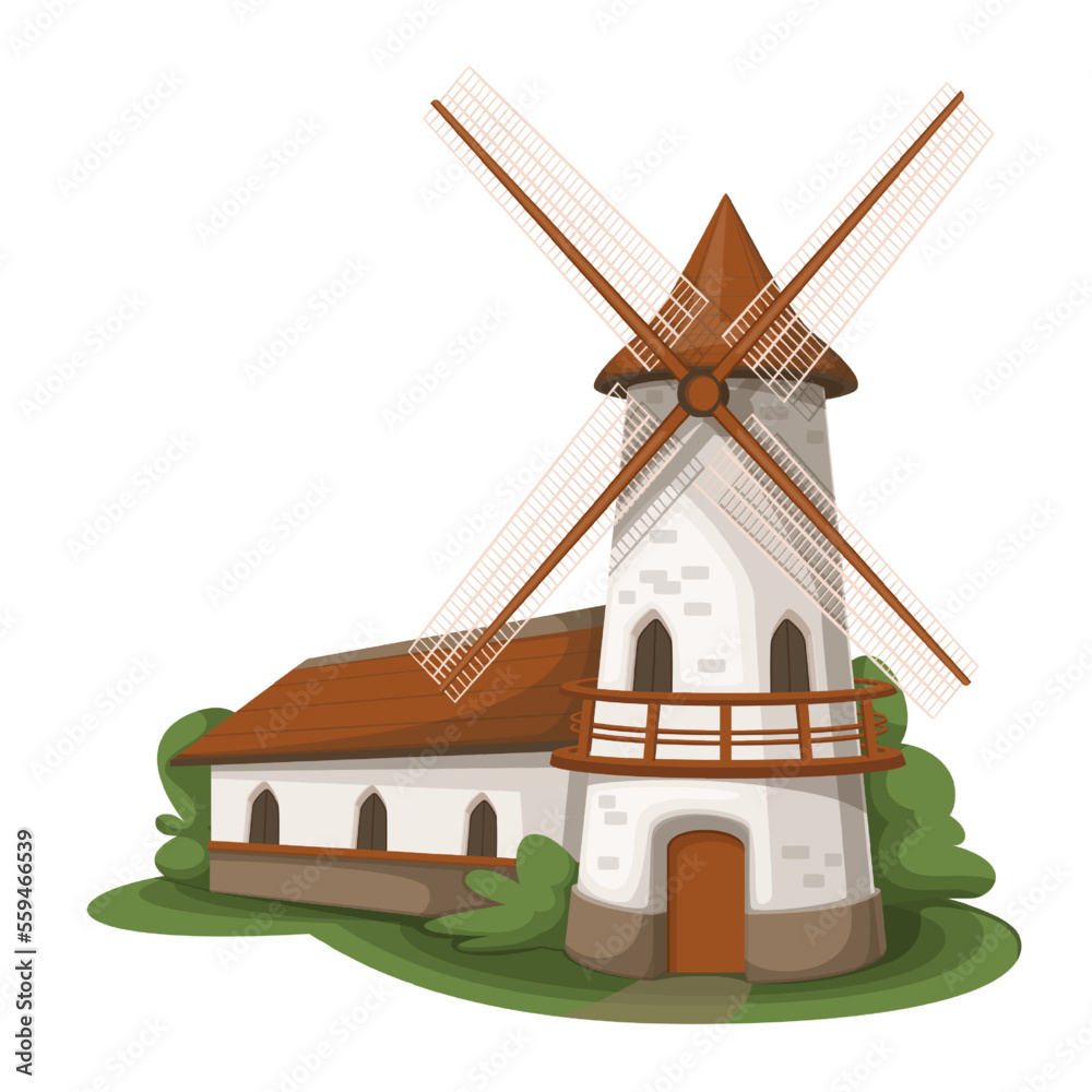 Old farm windmill vector illustration. Cartoon barn and stone tower ...