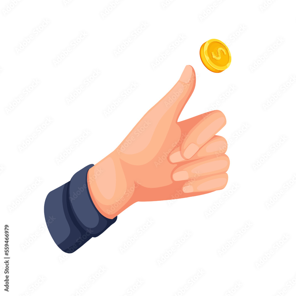 Hand tossing gold coin vector illustration. Cartoon fingers of man ...