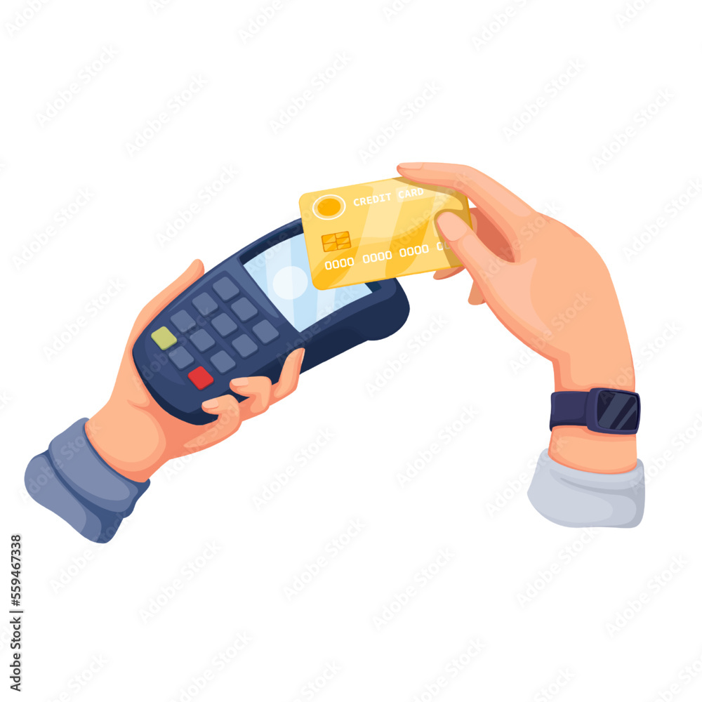 Hands hold POS terminal and credit card for payment vector illustration ...