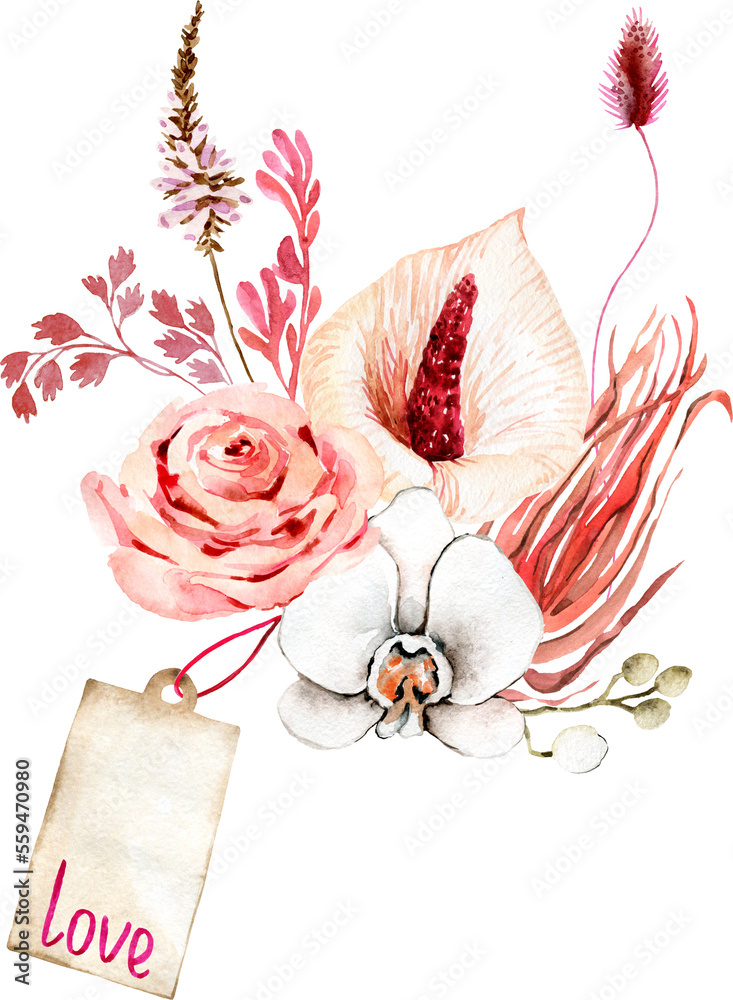 Subtle wildflowers boho bouquet painted in watercolor. Dried beige ...