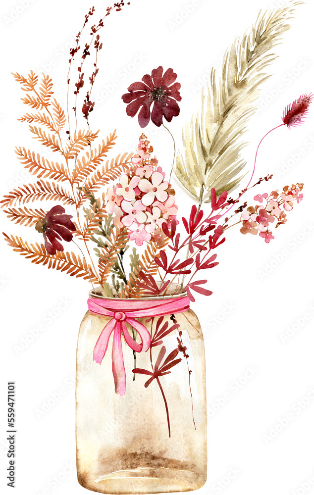 Subtle wildflowers boho bouquet painted in watercolor. Dried beige ...