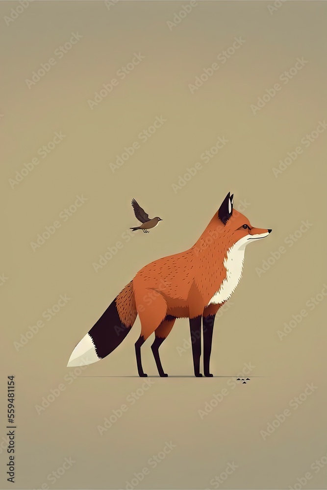 a fox and a bird are standing in the snow together, one is looking at ...