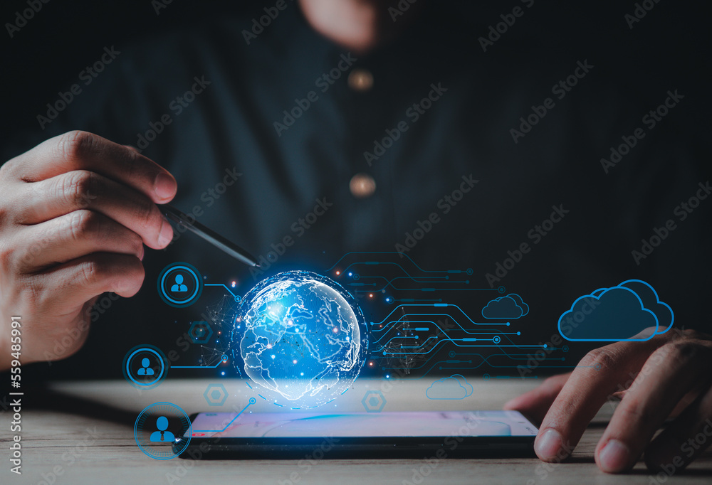 Cloud transfer shown in the future Network of people Data.Big data and ...