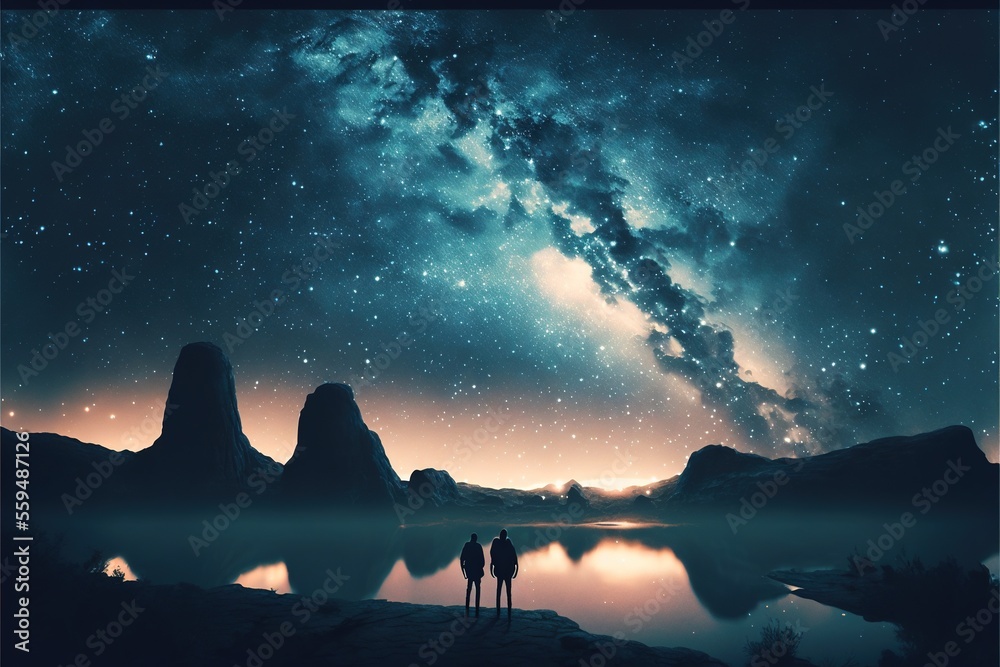 two people standing on a shore looking at the stars in the sky above ...