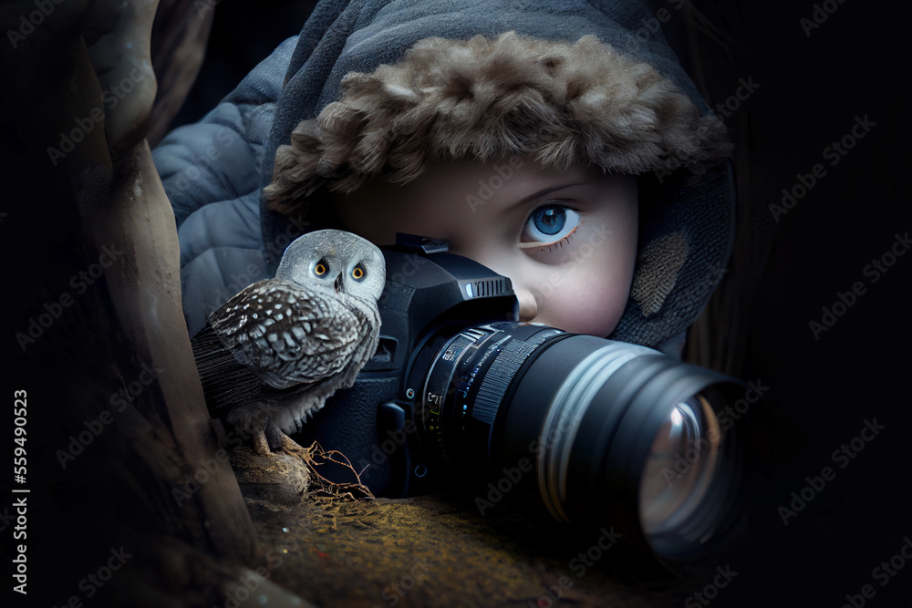 Non-existent person in generative. Small child taking photo with camera ...