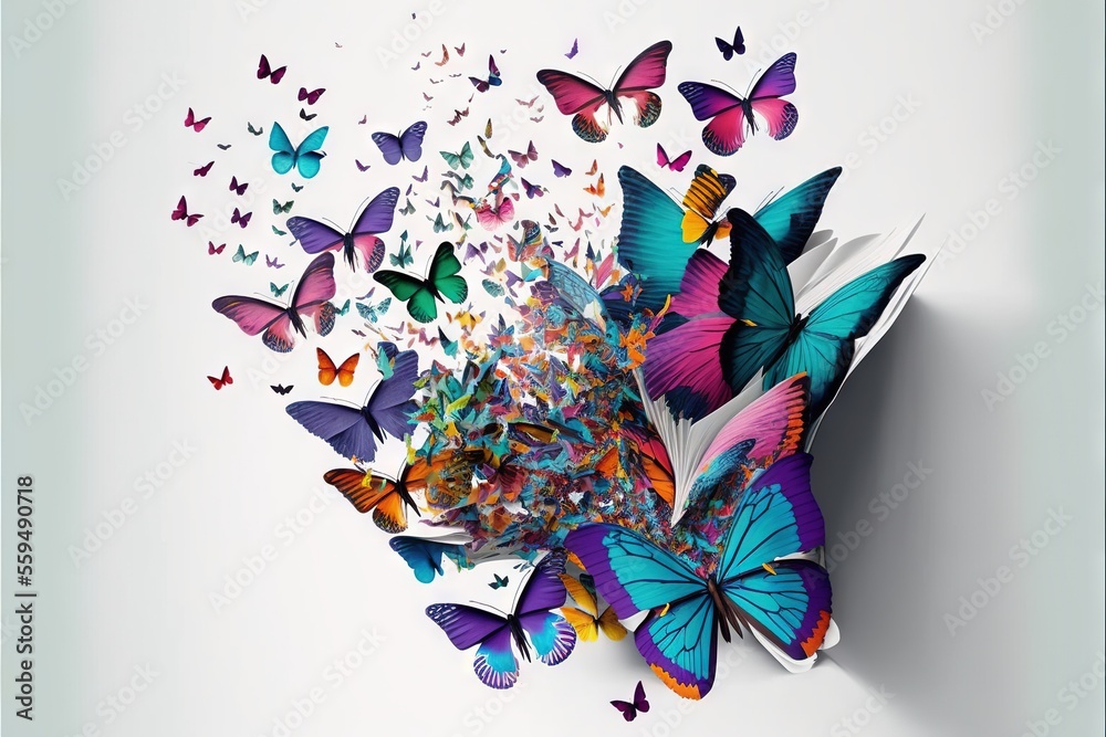 a group of butterflies flying in the air together on a white background ...