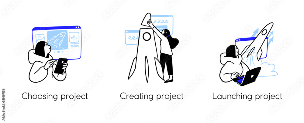 Programming Illustration Set. Different characters working on web and application development on ...