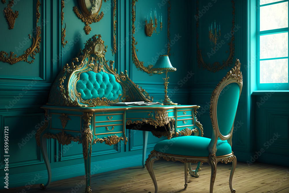 Turquoise work table decorated with gold, royal, fictional interior ...
