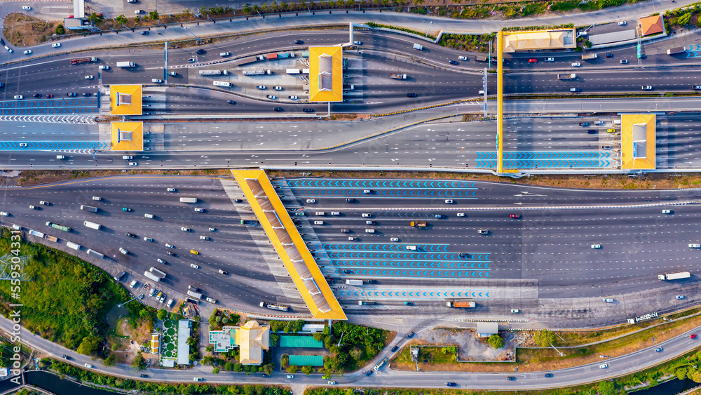 Aerial view of smart modern multilevel motorway junction, toll way ...