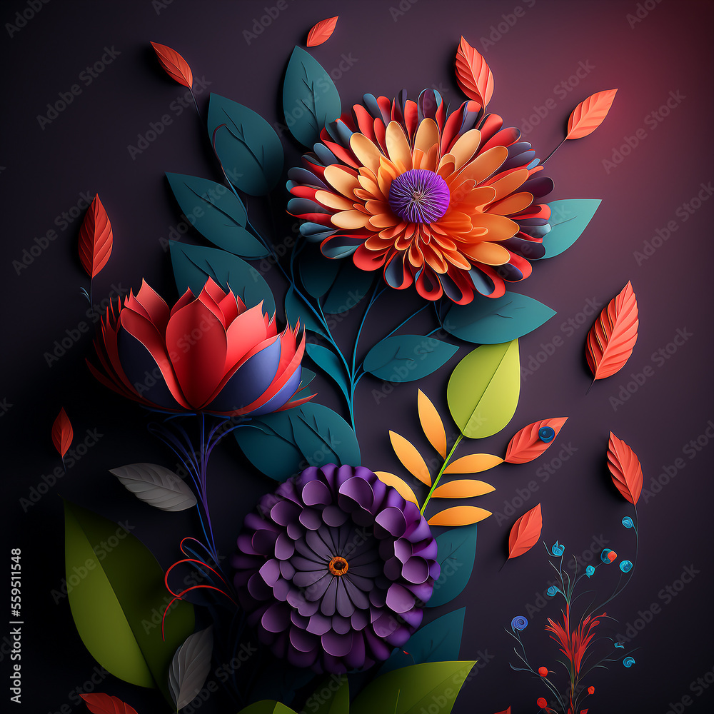 Colorful Papercraft Flower art Dark Background, Beautiful Flower Design ...