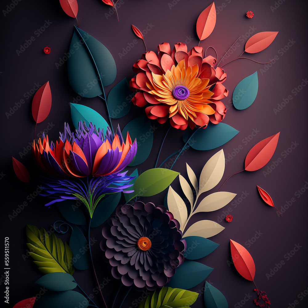 Colorful Papercraft Flower art Dark Background, Beautiful Flower Design ...
