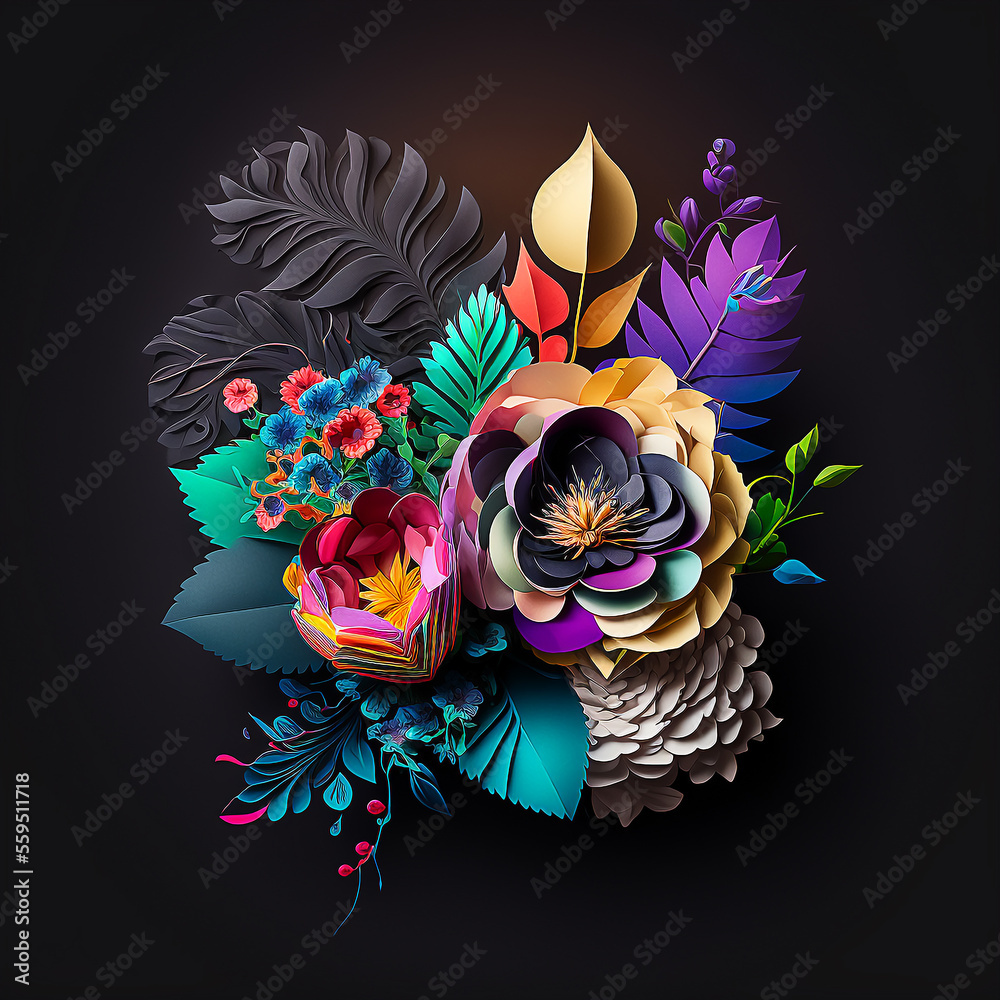 Colorful Papercraft Flower art Dark Background, Beautiful Flower Design ...
