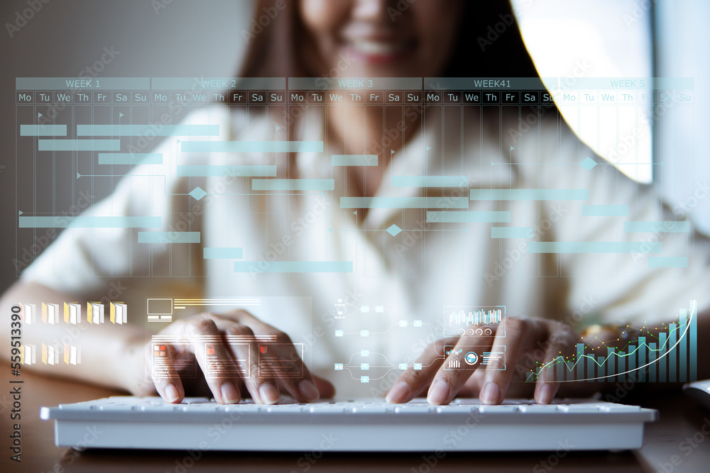 Business people check schedule on table in visual screen, meeting table ...