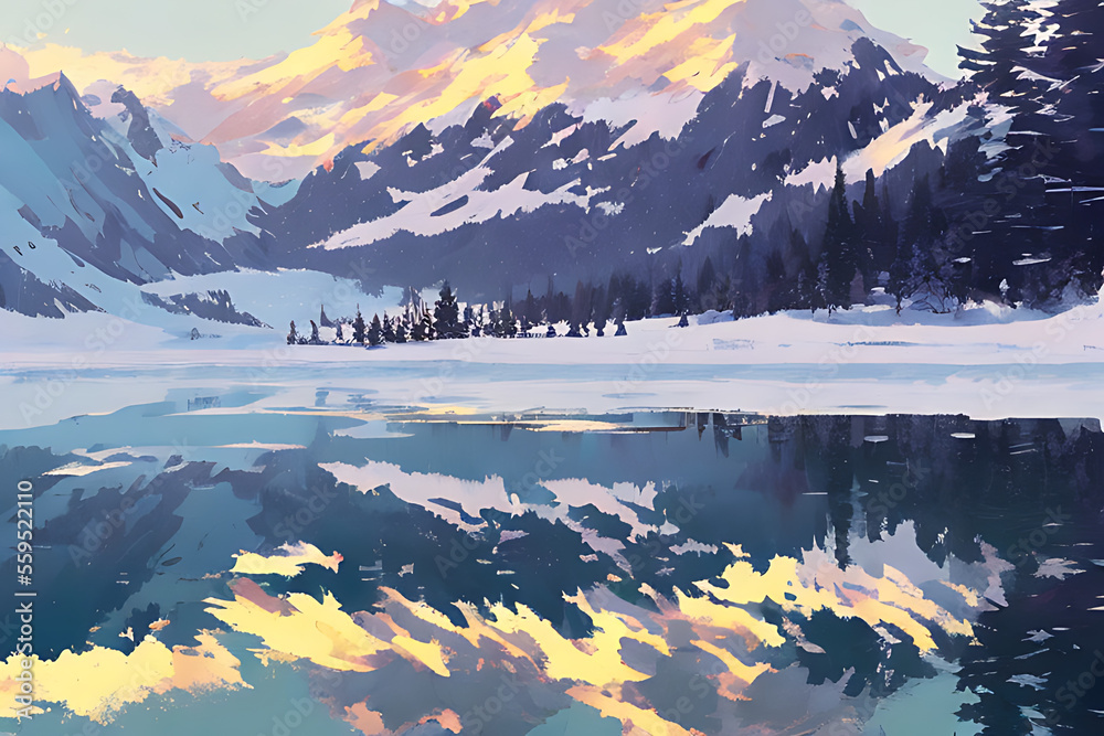 Paisaje nevado de anime, bella estampa invernal al atardecer - AI ...