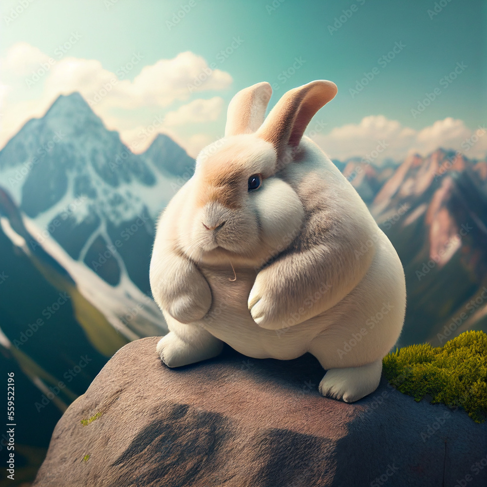 Fat fluffy rabbit conquers the top of the mountain. Generative Ai Art ...