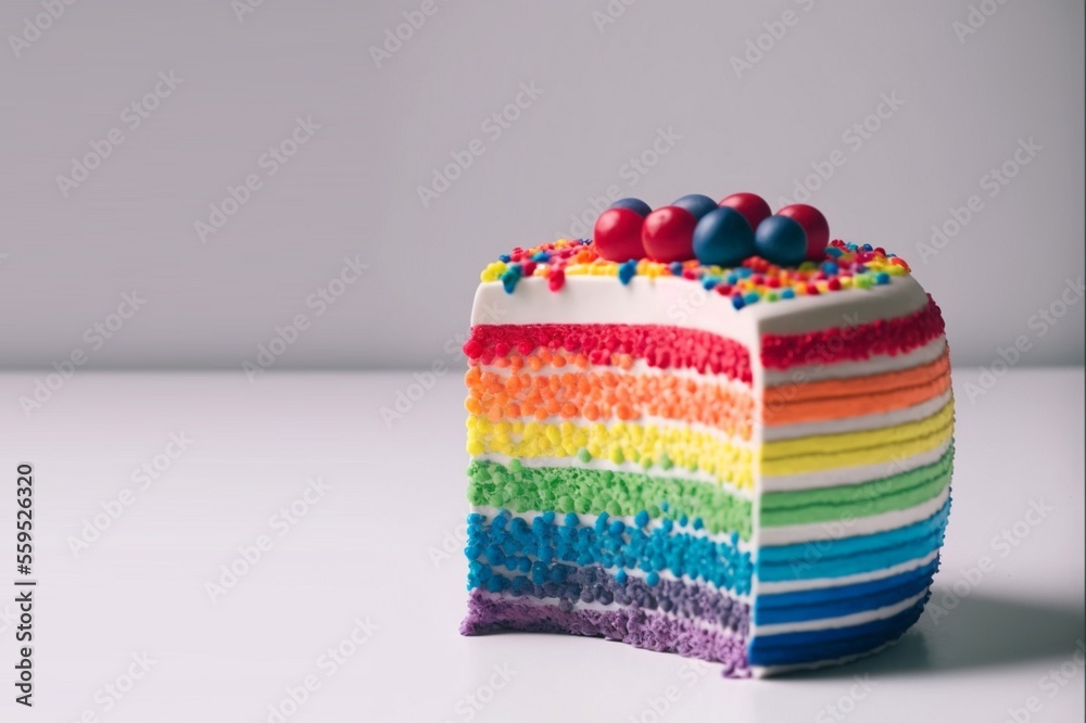 A Slice of rainbow layered pie with cream and decorations, symbol of ...