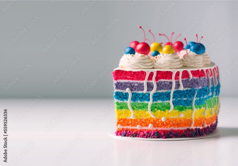 A Slice of rainbow layered cake with creamy frosting and fruits, symbol ...