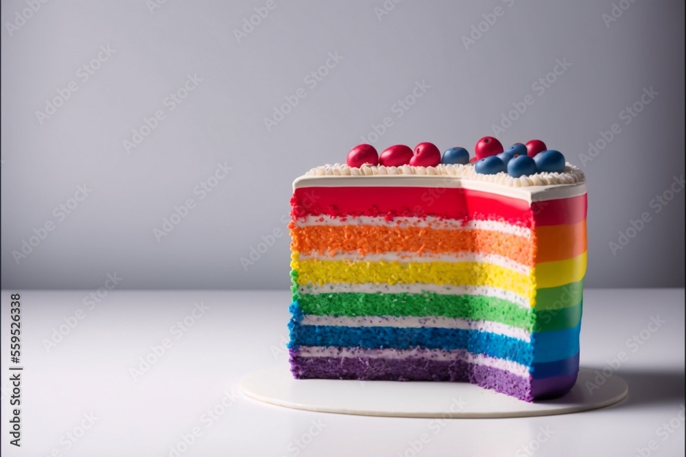 A rainbow layered cake with creamy frosting and fruits, symbol of ...