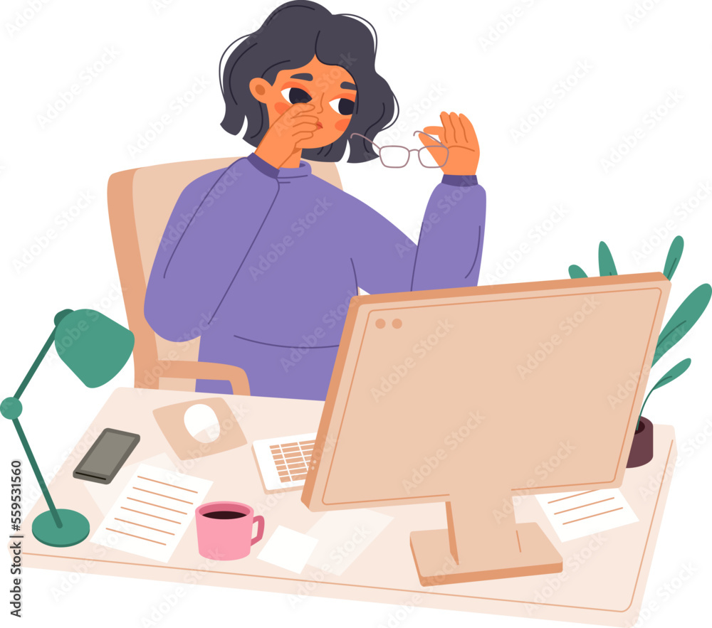 Woman tired eyes, computer irritated eye. Office manager, young girl ...