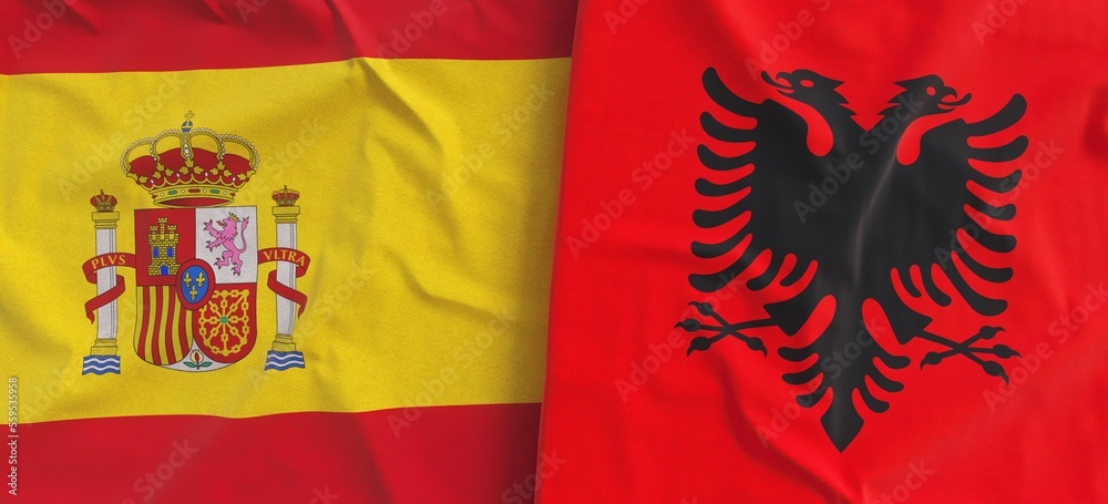 Flags of Spain and Albania. Linen flag close-up. Spanish, Madrid ...