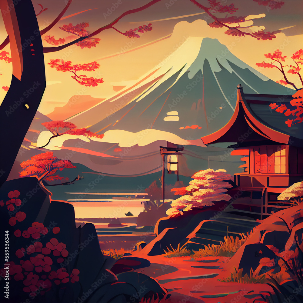 Cartoon japanese landscape ai art Stock Illustration | Adobe Stock