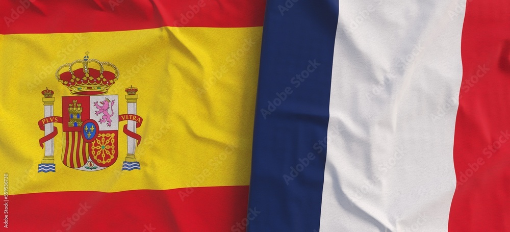 Flags of Spain and France. Linen flag close-up. Spanish, Madrid. French ...