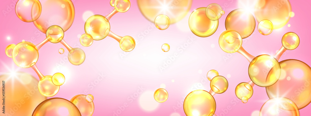 Gold collagen peptide background, 3D molecule background, jojoba oil ...