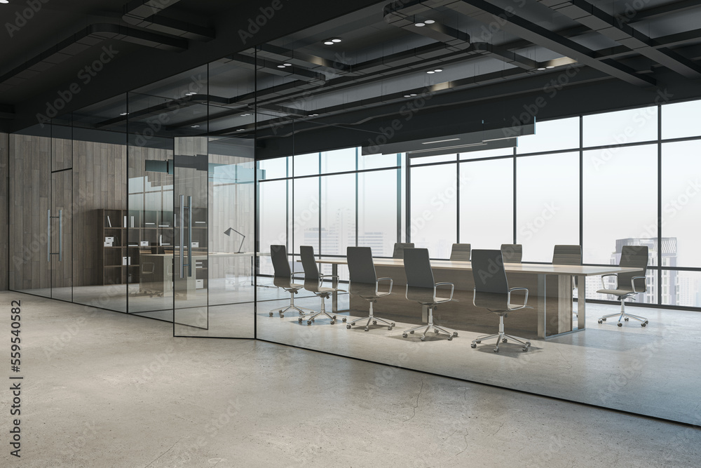 Stylish spacious meeting room with light furniture and city view ...