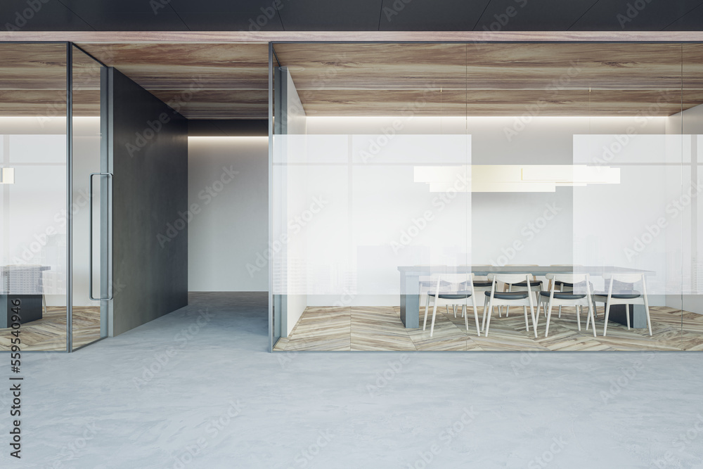 Front view on eco interior design conference room with grey conference ...