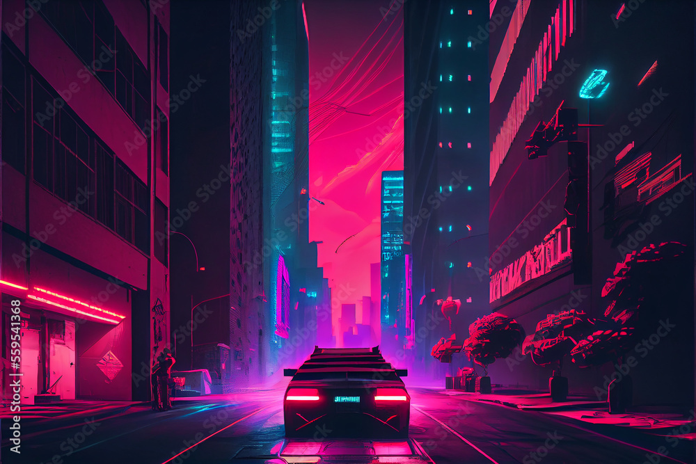 Synthwave streets of a cyberpunk city ai art Stock Illustration | Adobe ...