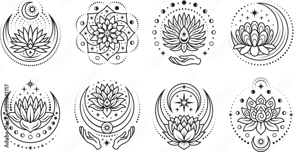 Mystic lotus elements. Spirit flower line tattoo template. Boho style ...