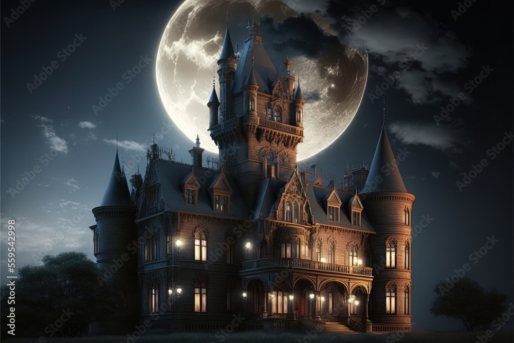 Ancient castle, night landscape with a big moon, ancient architecture ...