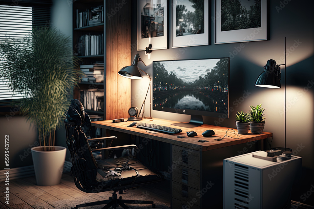 Classic modern room interior with computer for work, home office. AI ...