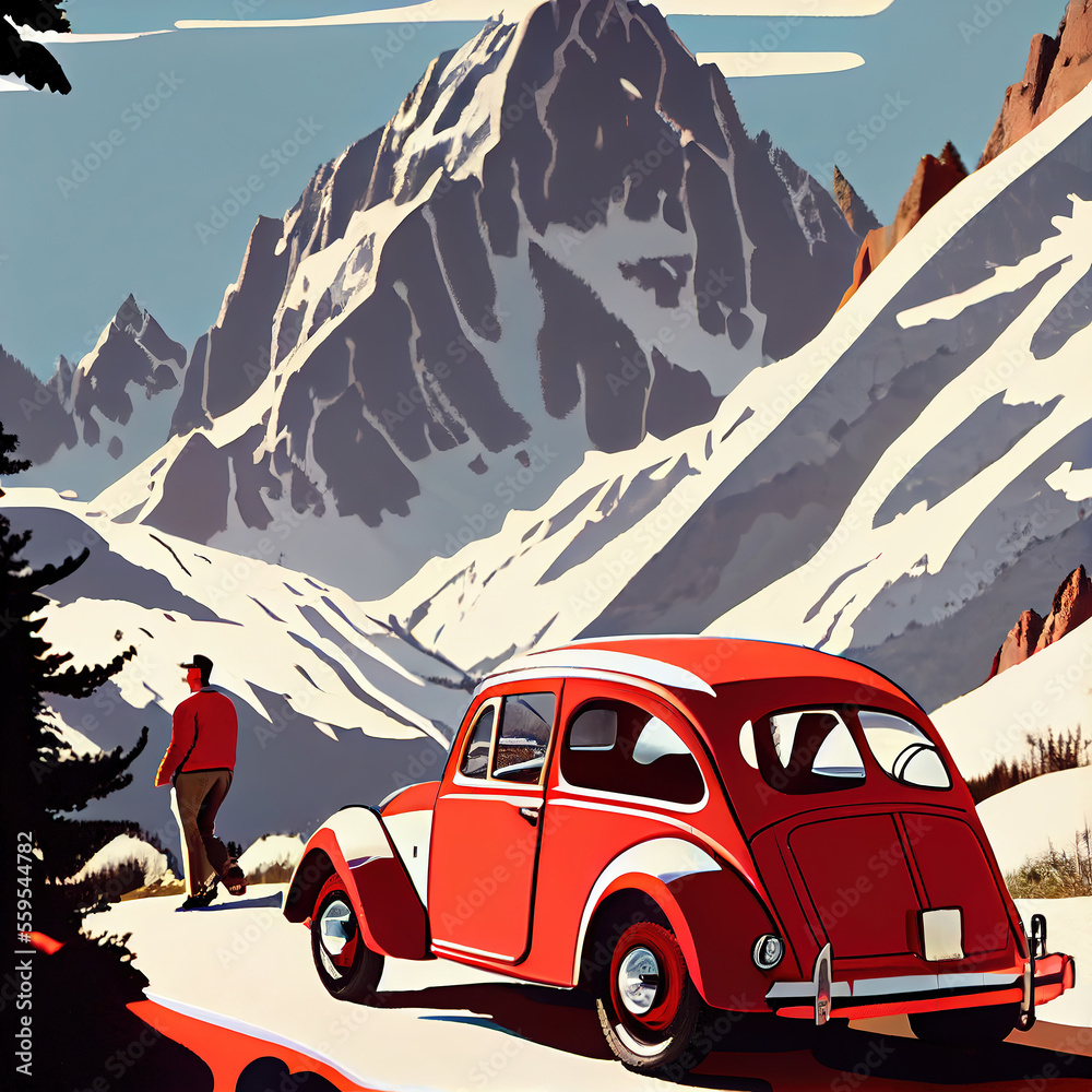Holidays in the alps cartoon. A 1950s car in front of a mountain range ...