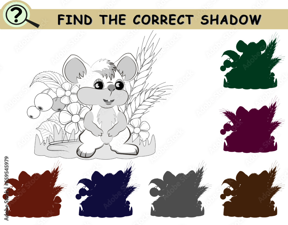 Find the correct shadow of little mouse with berries and wheat ears ...