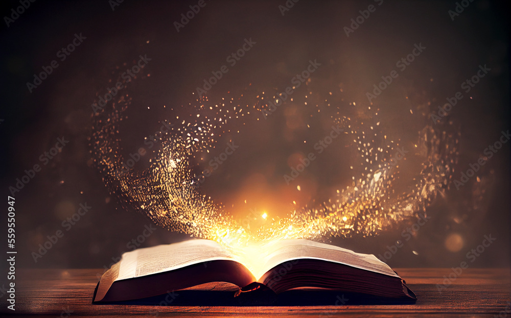 Open book Bible on wooden desk with mystic bright light fantasy light ...